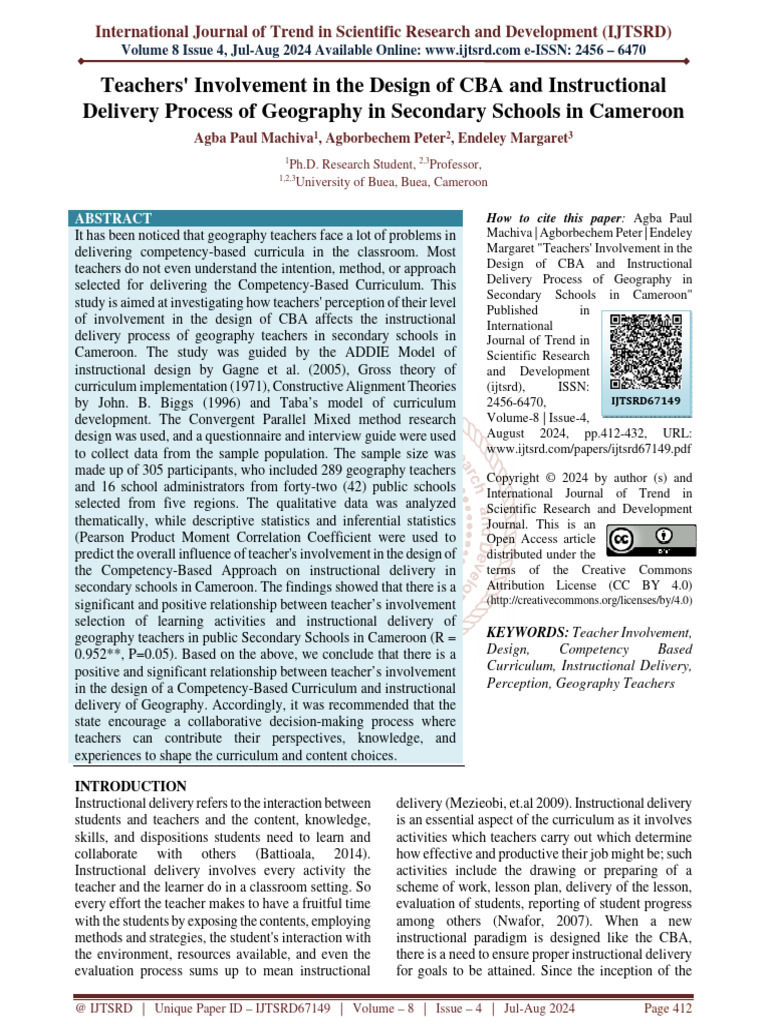 Teachers Involvement in The Design of CBA and Instructional Delivery ...