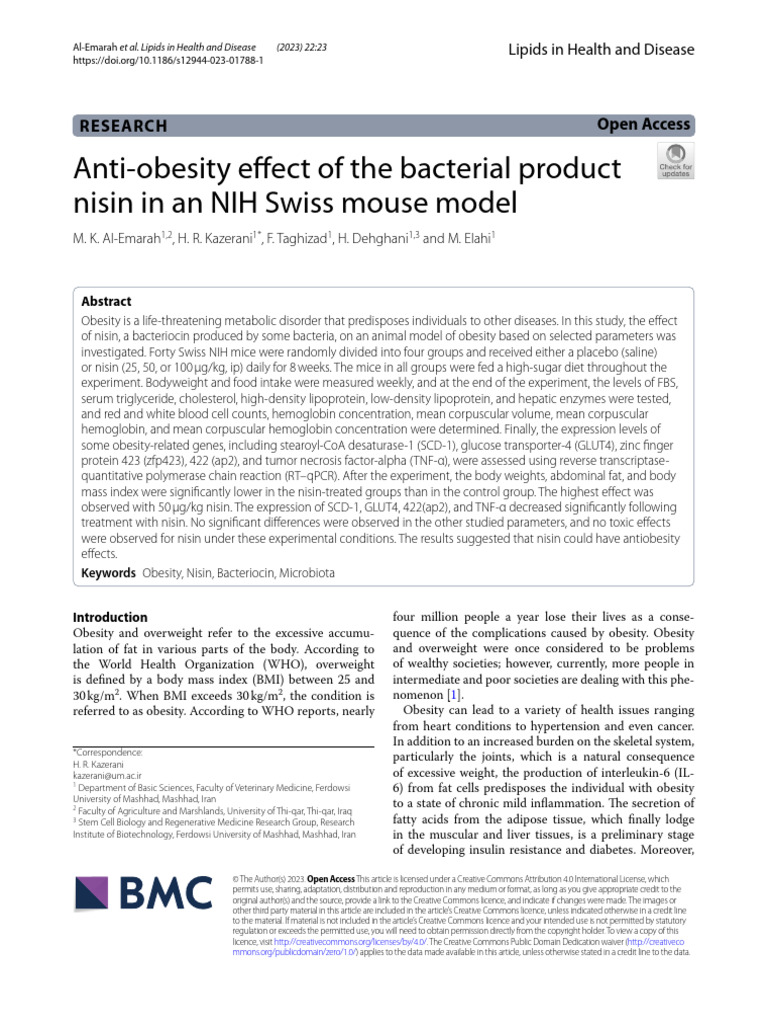 Anti Obesity Efect of The Bacterial Product Nisin in An NIH Swiss Mouse ...