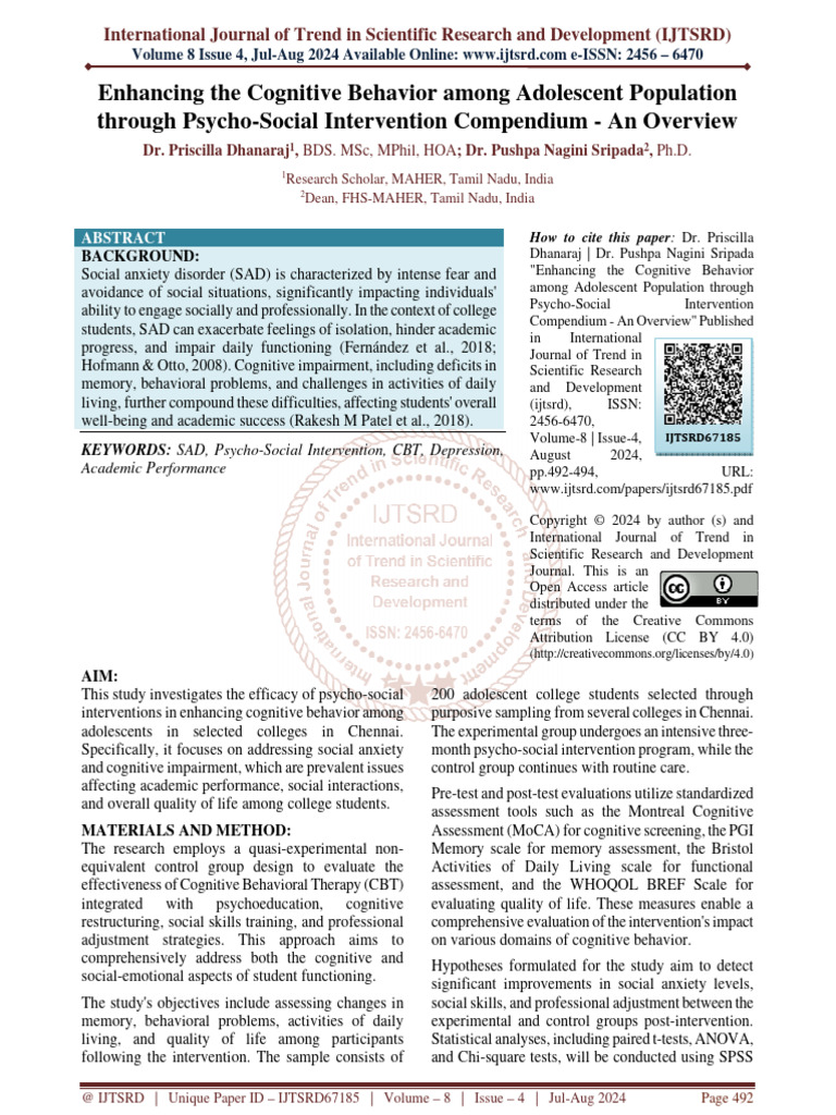 Enhancing the Cognitive Behavior among Adolescent Population through ...