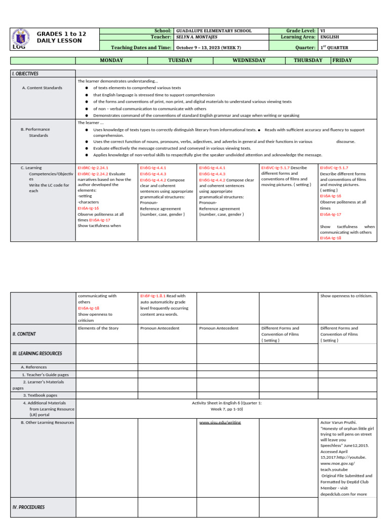 DLL - ENGLISH 6 - Q1 - W7 Ok | PDF