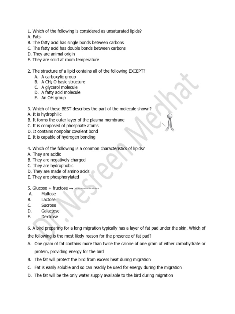 Water Chemistry, Carbohydrates and Lipids MCQ | PDF