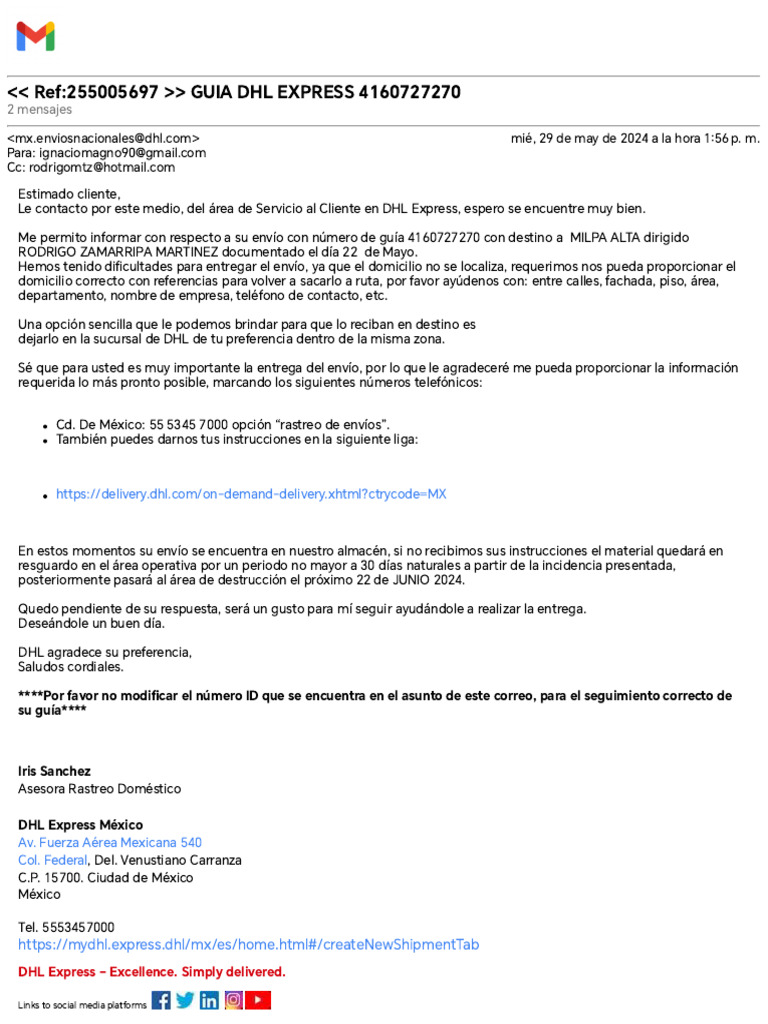 Gmail - Ref - 255005697 - GUIA DHL EXPRESS 4160727270 | PDF
