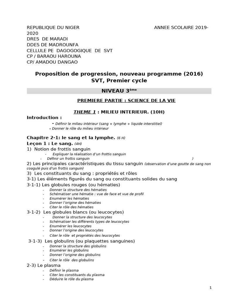 Proposition de Progression de SVT, Aout 2016-1-3 | PDF
