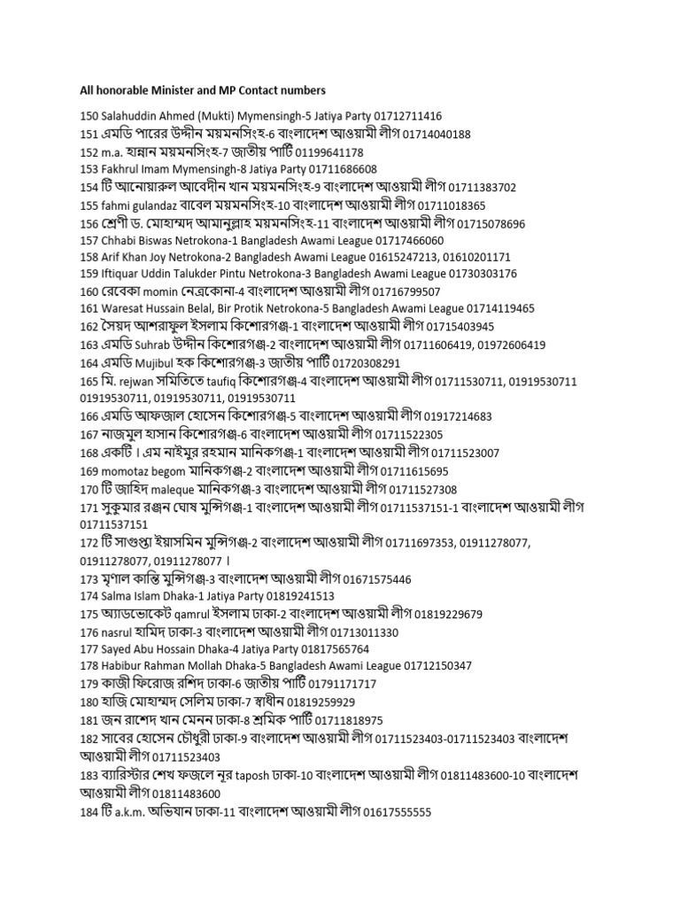 All Honorable Minister and MP Contact Numbers | PDF