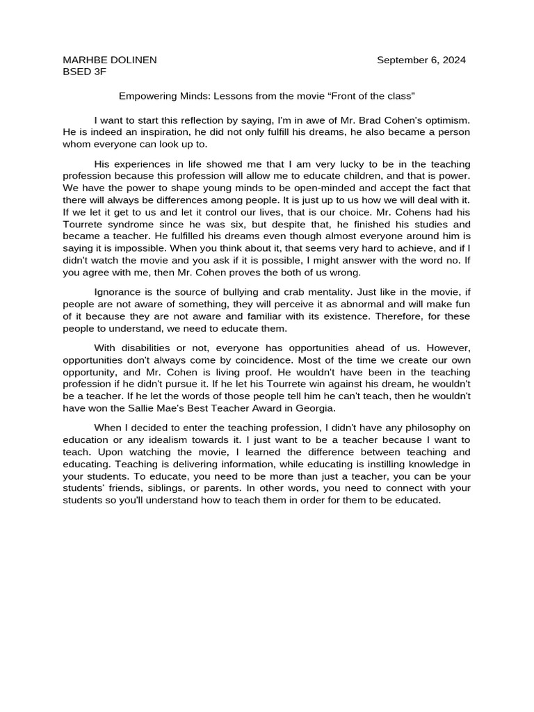 FRONT OF THE CLASS - Reflection | PDF