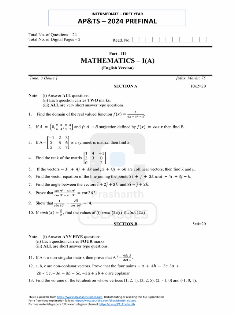 Maths 1A - Prefinal | PDF