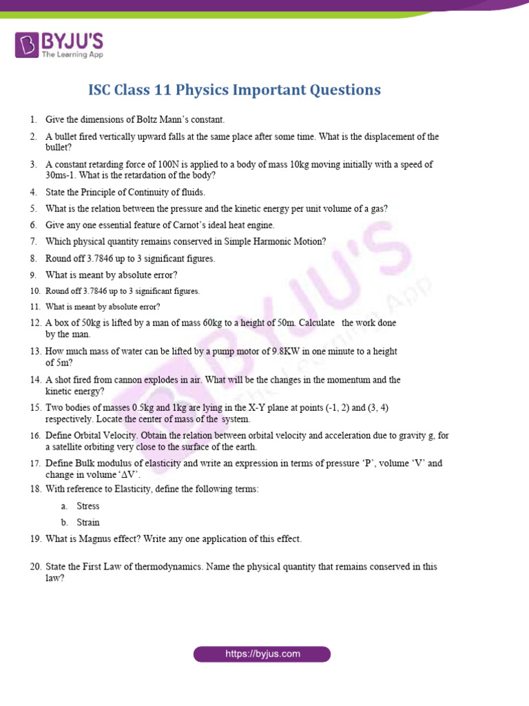 ISC Class 11 Physics Important Questions | PDF