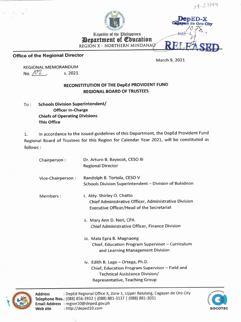 RM - 102 - Reconstitution of The DepEd Provident Fund Regional Board of ...