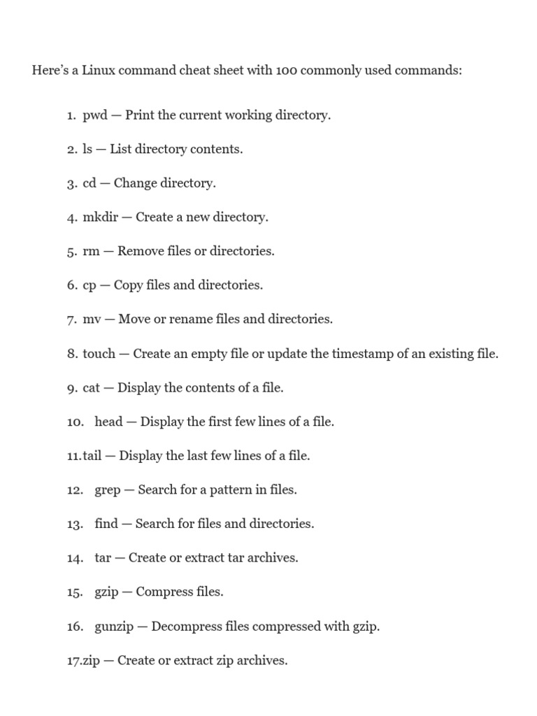 Linux Command Cheat Sheet With 100 Commonly Used Commands Pdf Zip File Format Computers
