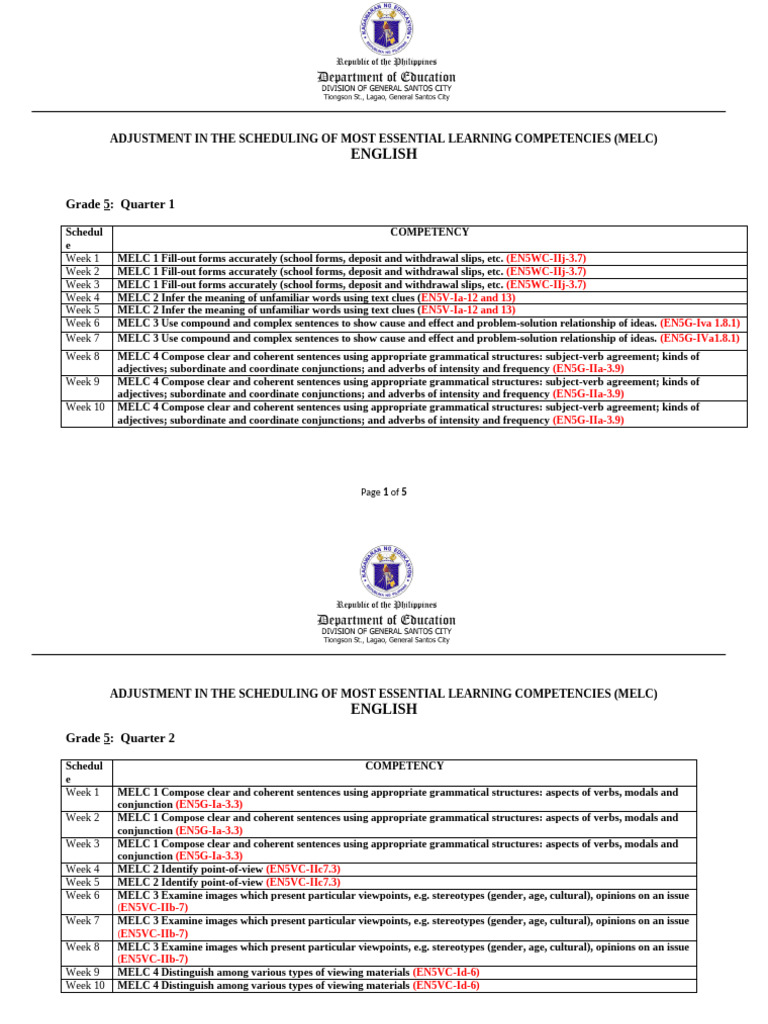 MELC Schedule for Grade 5 English | PDF | Verb | Science & Mathematics