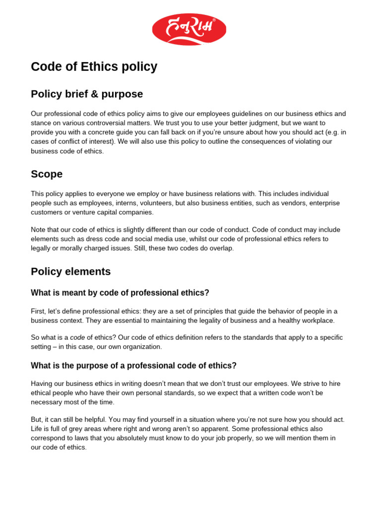 001 Code-Of-Ethics-Policy-1 | PDF