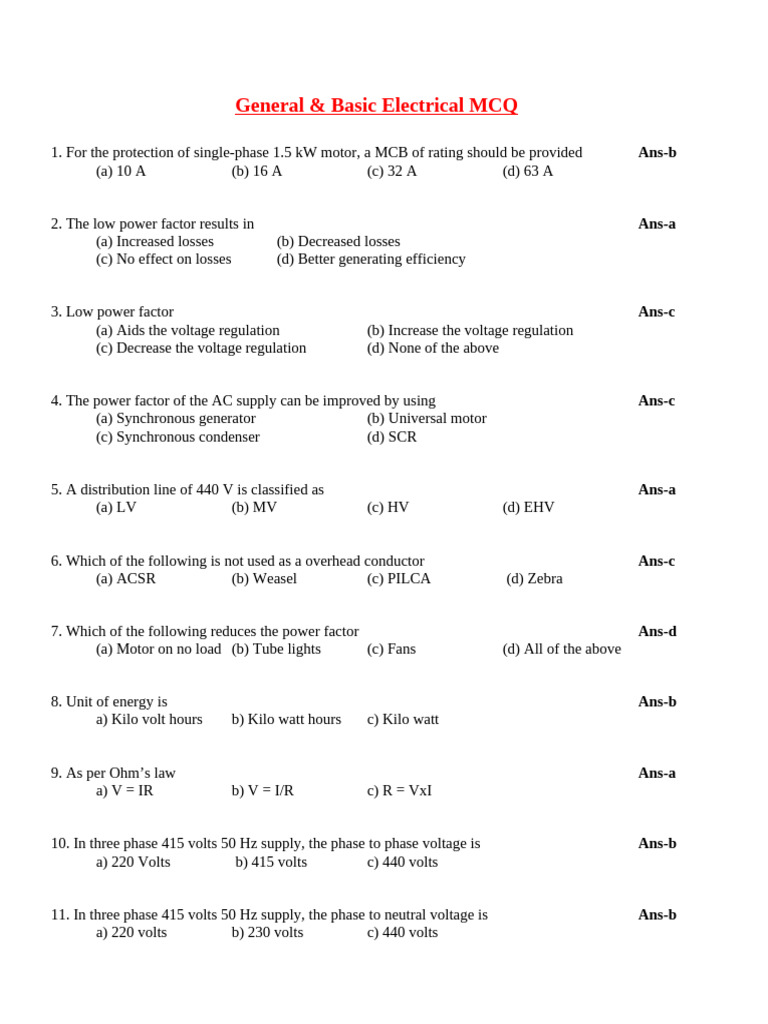 MCQ Basic Electrical | PDF