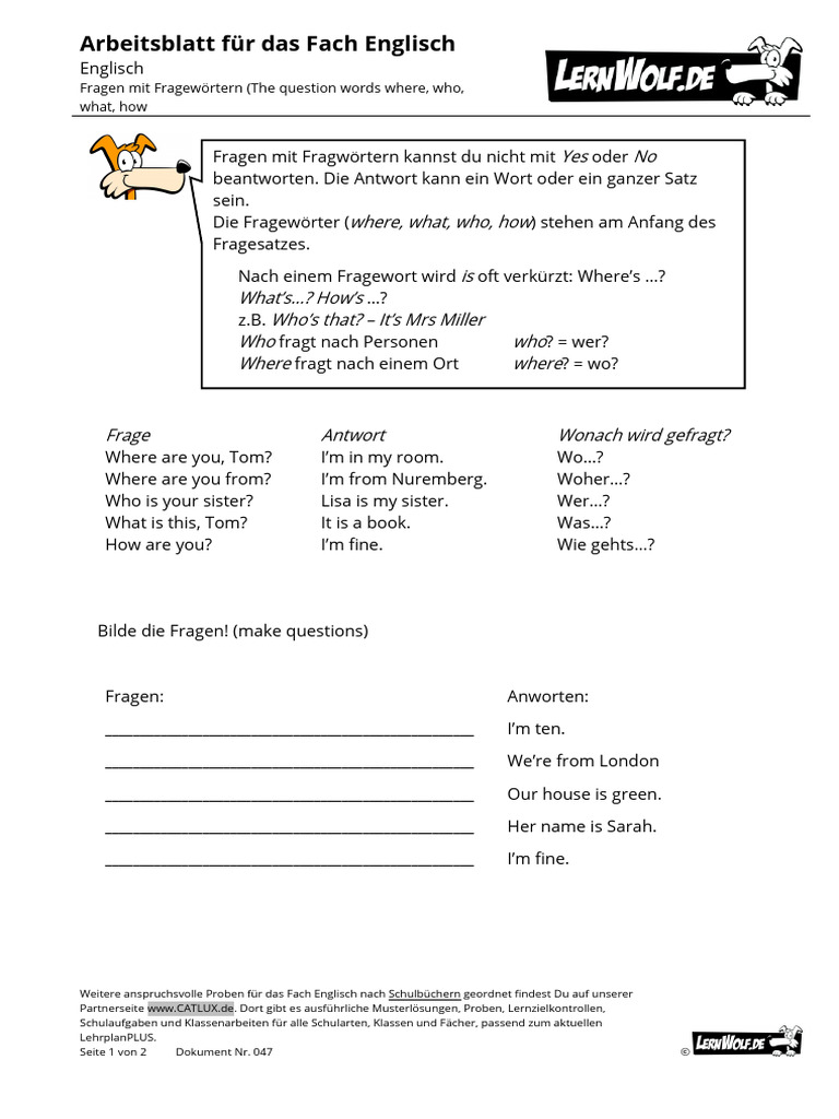 047 Gratis Arbeitsblatt Englisch Fragwörter Question Words | PDF