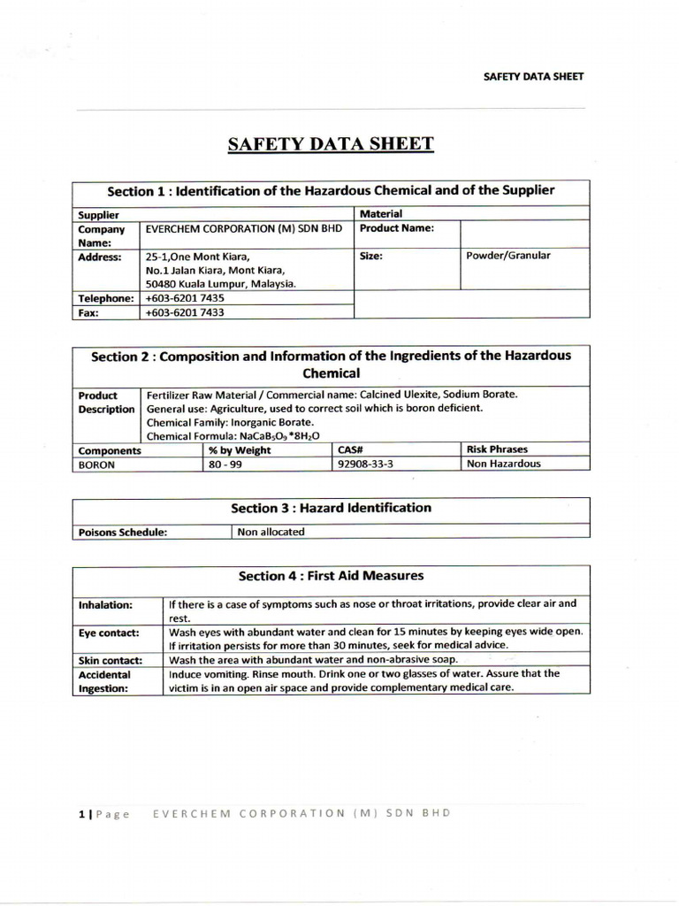MSDS Evermax Borate Fertilizer - EVERCHEM | PDF