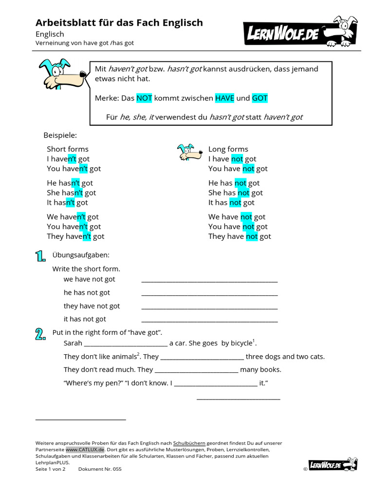 Haven't Got 055-Übungsblatt-Englisch-Verneinung-Have-Got | PDF