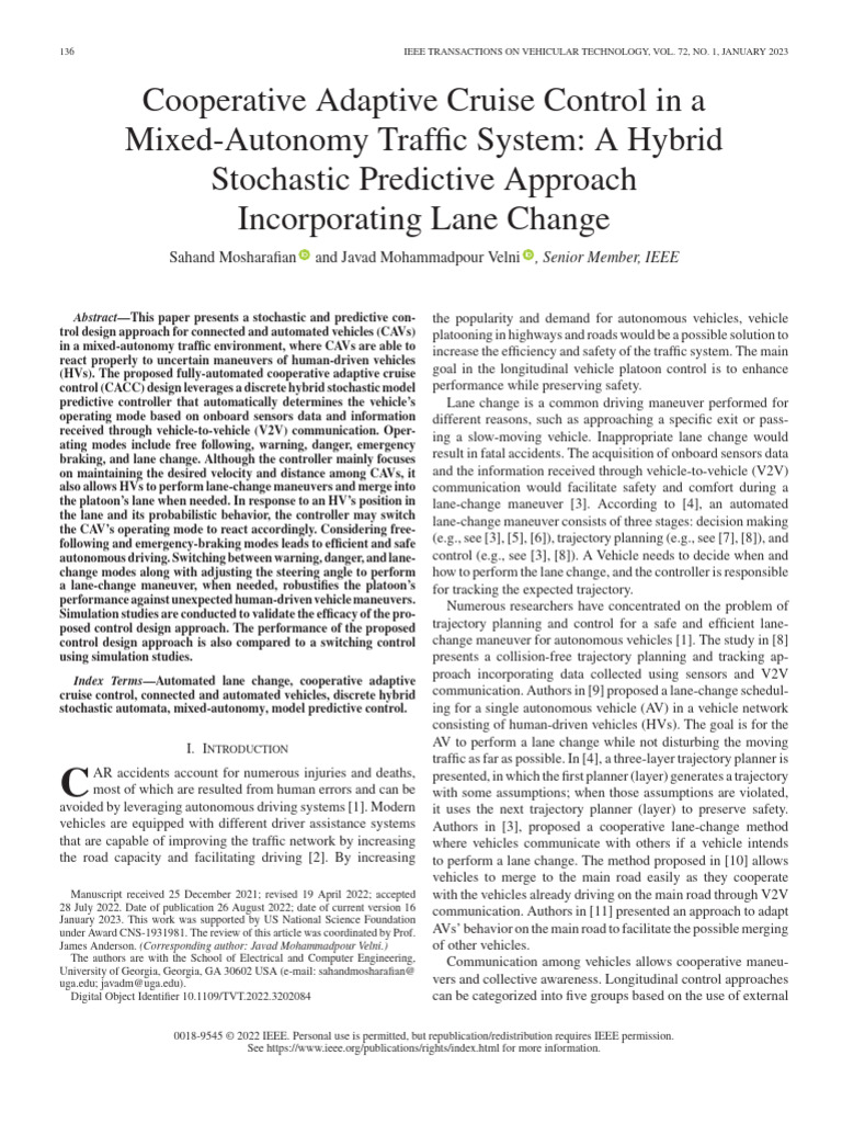 Cooperative Adaptive Cruise Control In A Mixed Autonomy Traffic System A Hybrid Stochastic