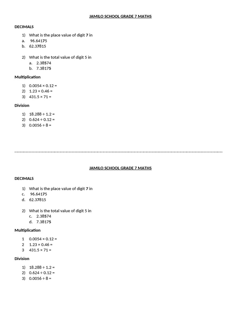 Jamilo School Grade 7 Maths | PDF