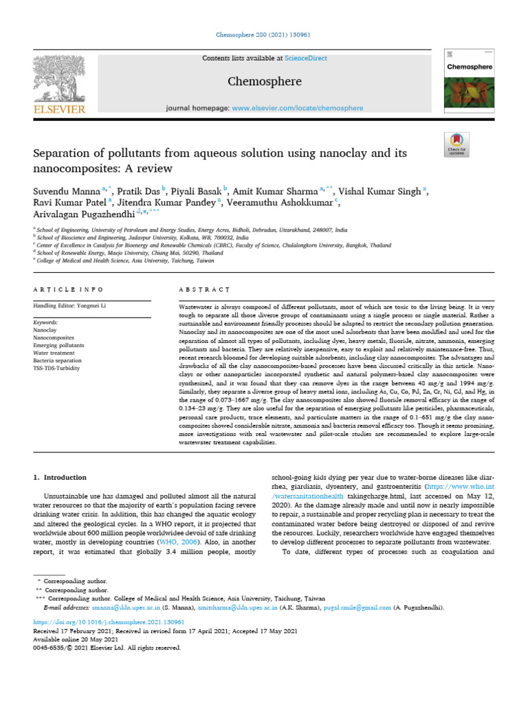 REVIEW Separation of Pollutants From Aqueous Solution Using Nanoclay ...