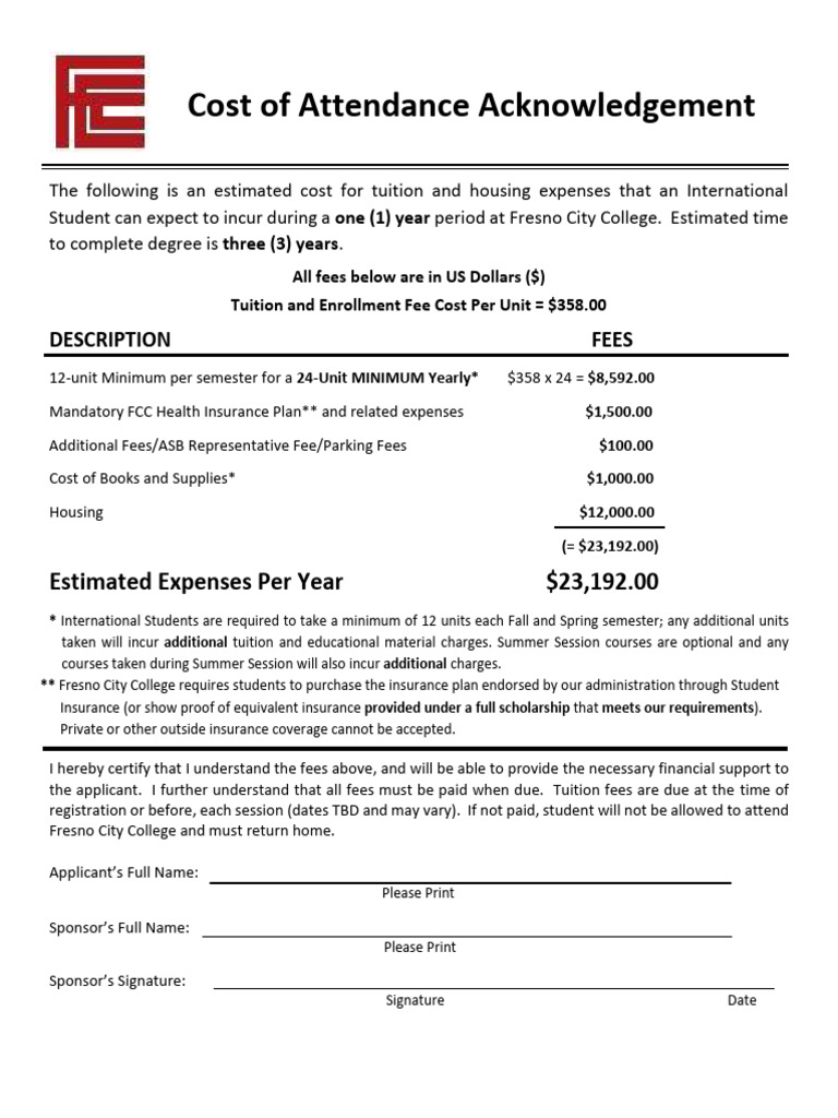 International-Cost of Attendance Acknowledgement | PDF | Fee | Social ...
