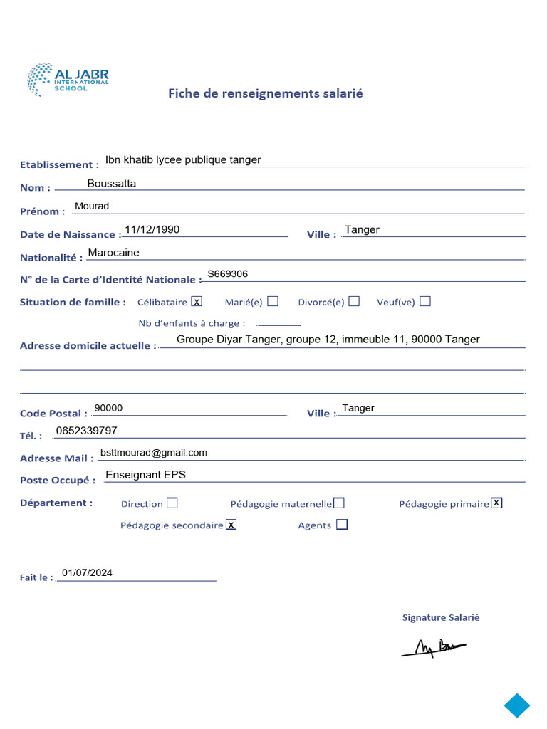 Fiche de renseignements salarié - AIS TANGER | PDF