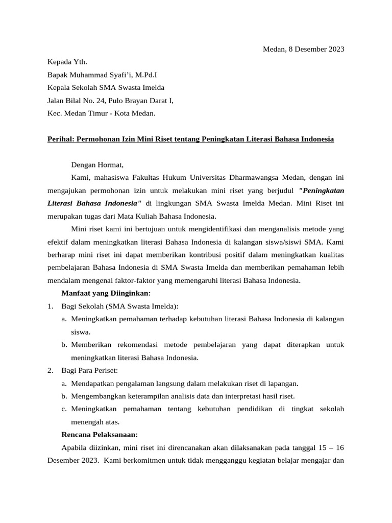 Surat Permohonan Mini Riset | PDF