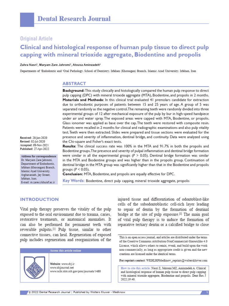Clinical and Histological Response of Human Pulp Tissue To Direct Pulp ...