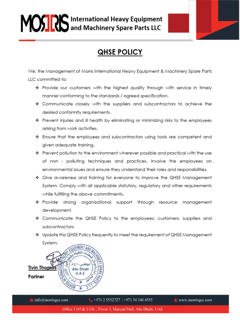 Morris International - QHSE Policy | PDF