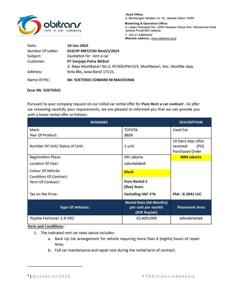 Penawaran Sewa Mobil 2023 | PDF