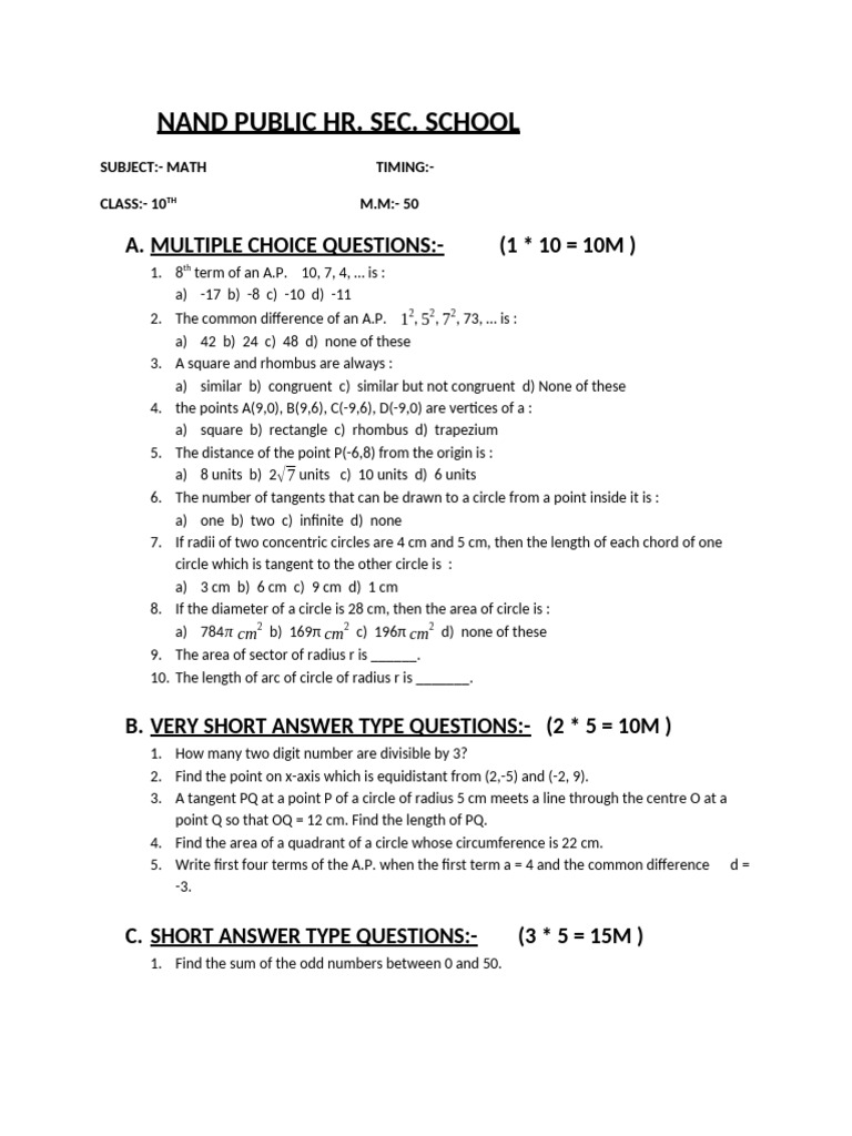Class 10th Math Unit 2 PPR | PDF