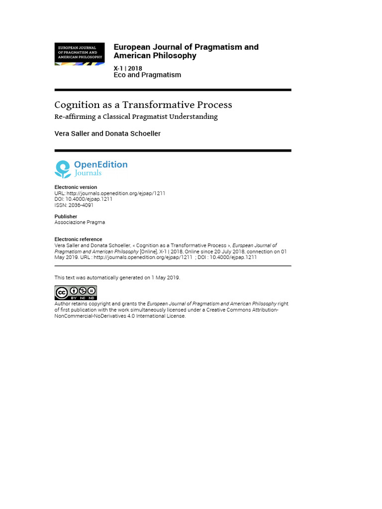 Cognition As A Transformative Process-Classical Pragmatism ... Cognition As A Transformative Process-Classical Pragmatism ...