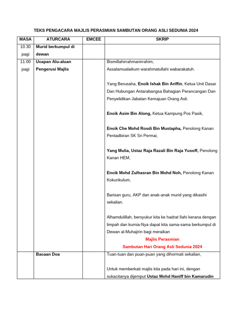 18 Skrip Emcee Majlis Perasmian Majlis Sambutan Hari Orang Asal | PDF