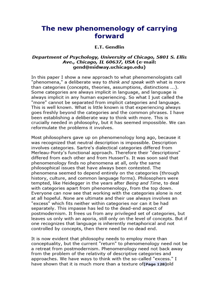 E.T. Gendlin - The New Phenomenology of Carrying Forward | PDF ...