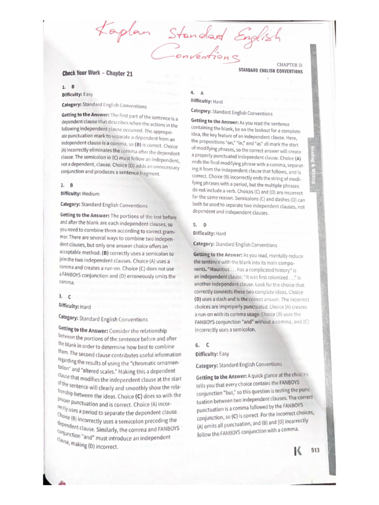 Kaplan 2024 Writing Standard Conventions Answers PDF | PDF