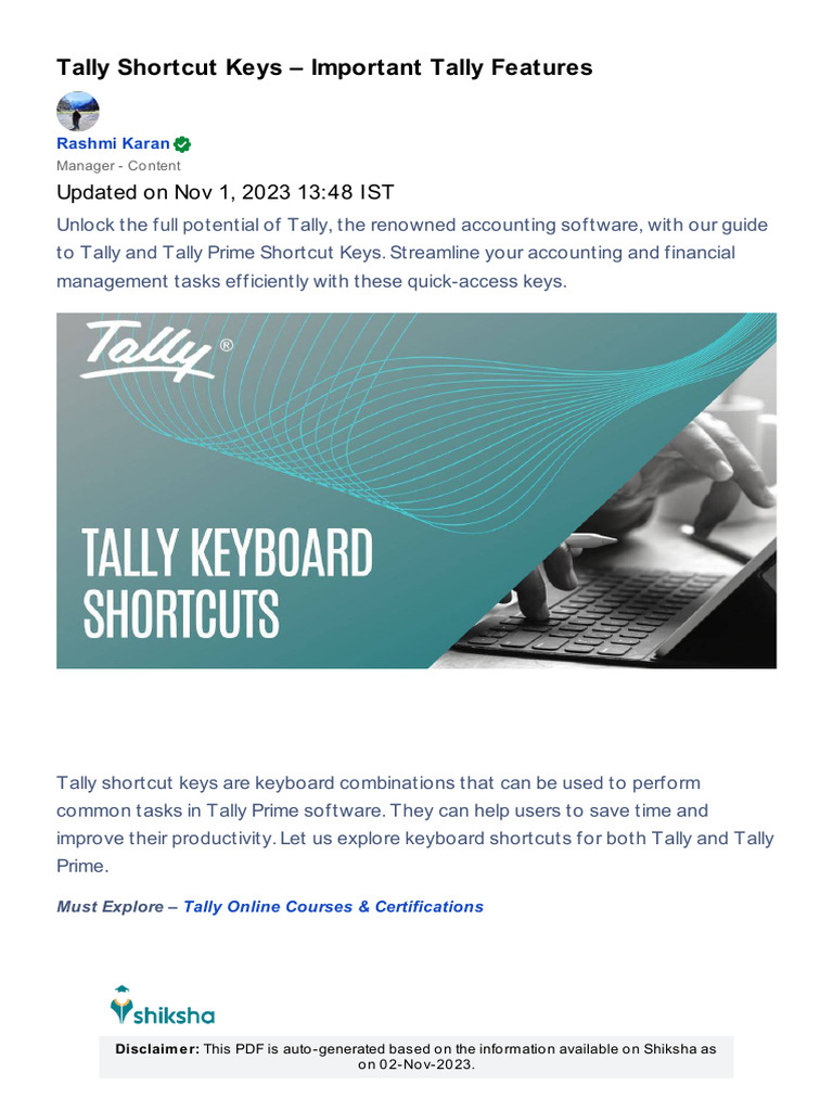 Tally Shortcut Keys - Important Tally Features: Updated On Nov 1, 2023 ...