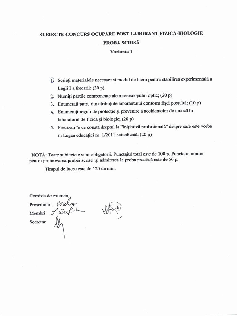 Subiect - Barem Concurs Laborant | PDF