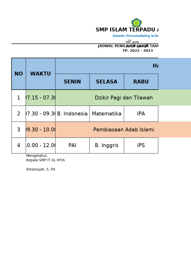 JADWAL PAT KELAS 9 Tp. 2022 - 2023 | PDF