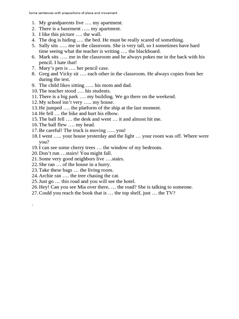 Some Sentences With Prepositions of Place and Movement | PDF