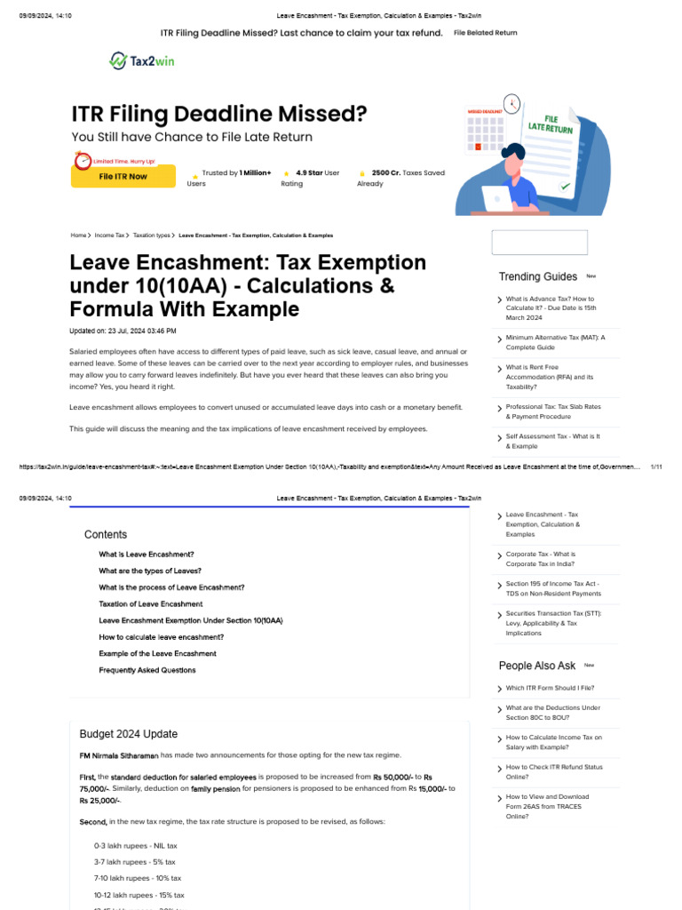Leave Encashment - Tax Exemption, Calculation & Examples - Tax2win | PDF