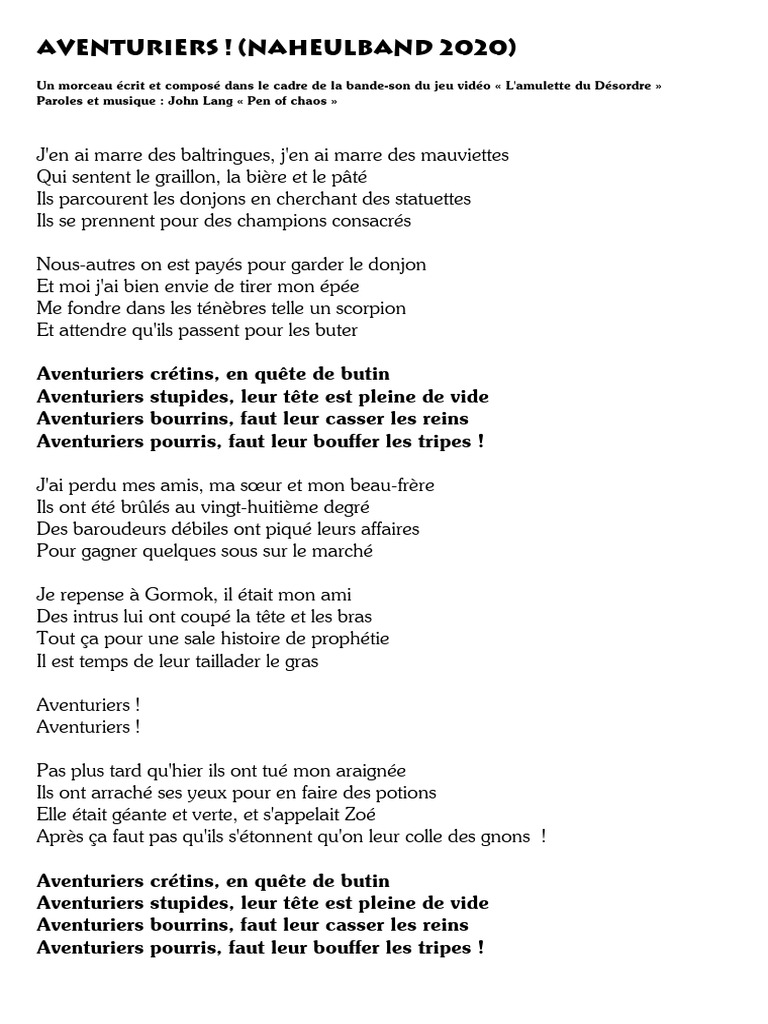 Paroles Aventuriers | PDF