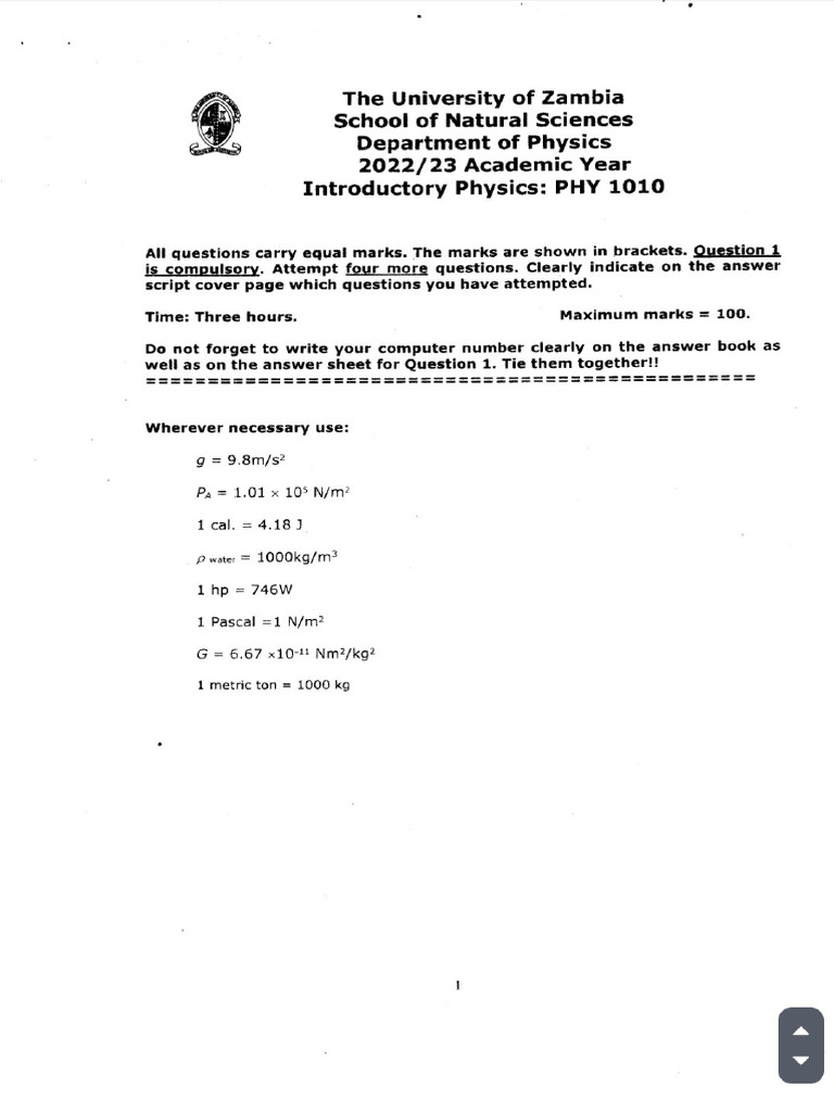 Phy 1010 (2023 Exam) Unza Link | PDF