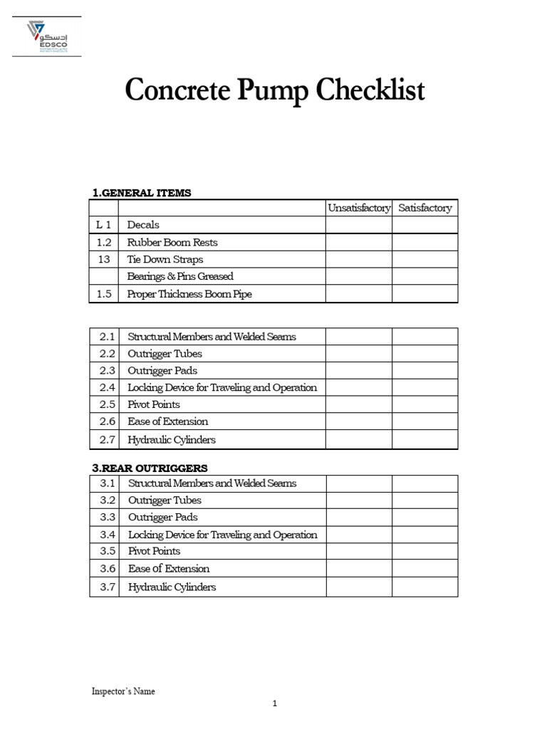 Concrete Pump Checklist | PDF