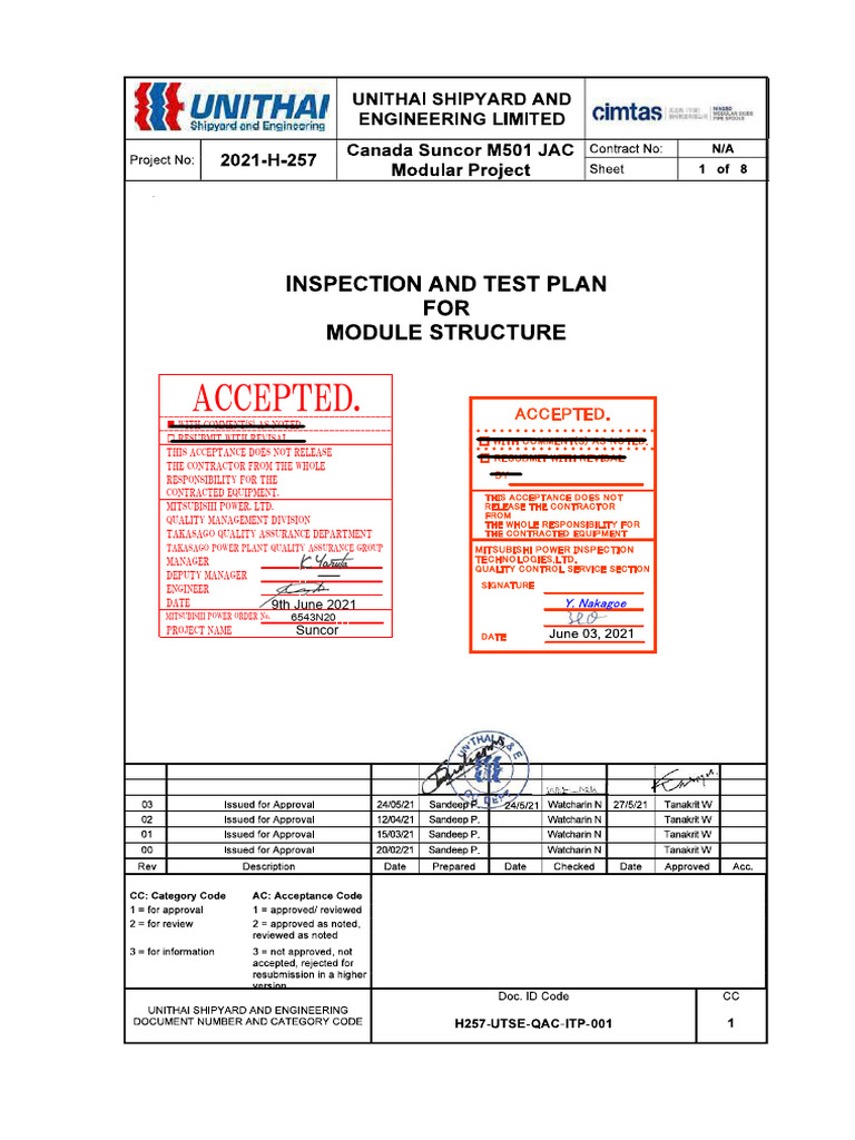 (Reference) Suncor_ITP for Module Structure_H257-UTSE-QAC-ITP-001 R3_Approved | PDF