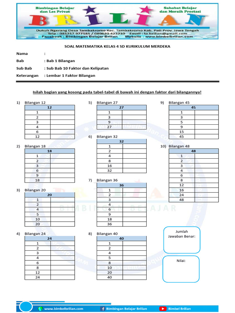 Soal Matematika Kelas 4 SD Lembar 1 Faktor Bilangan | PDF
