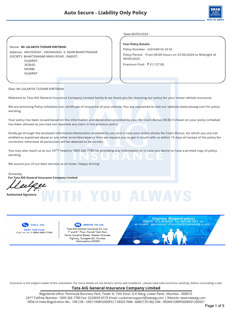Auto Secure - Liability Only Policy: MR Lalakiya Tushar Kiritbhai Your ...