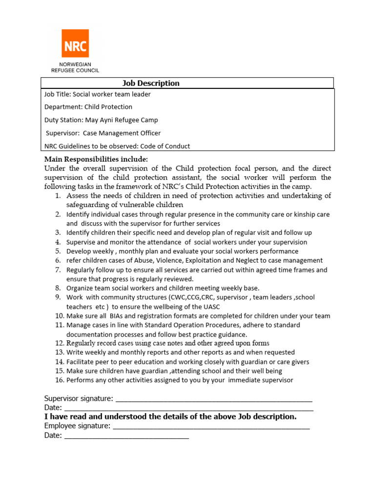Social Worker Team Leader Job Description | PDF | Wellness