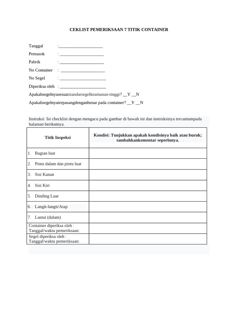 Ceklist Pemeriksaan 7 Titik Container | PDF