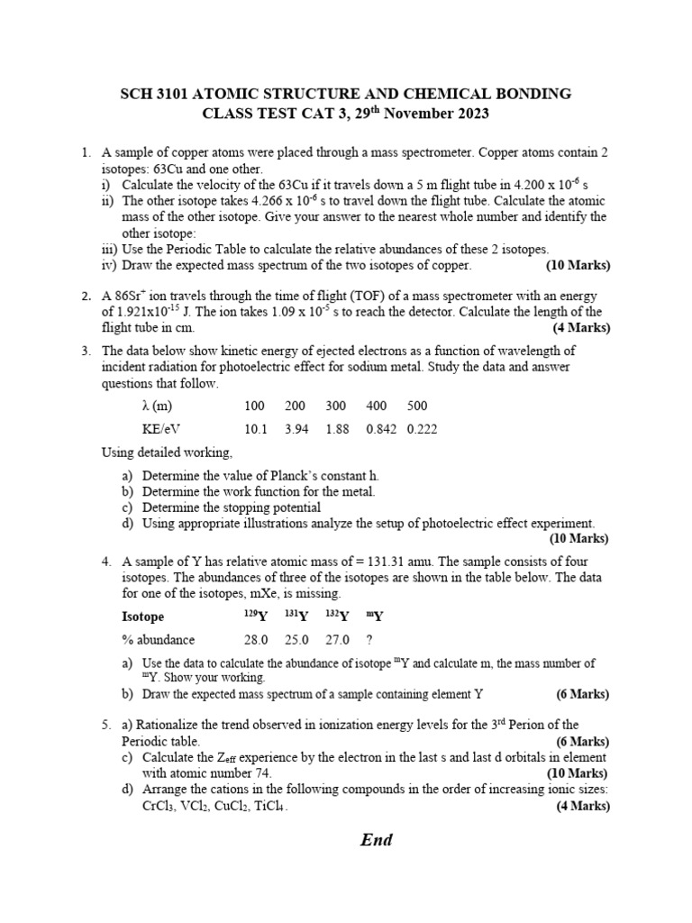Sch 3101 Atomic Structure and Chemical Bonding Class Test 3 | PDF
