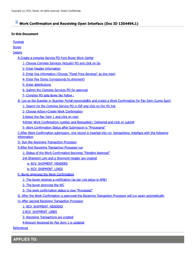 Work Confirmation and Receiving Open Interface (Doc ID 1354494.1) | PDF