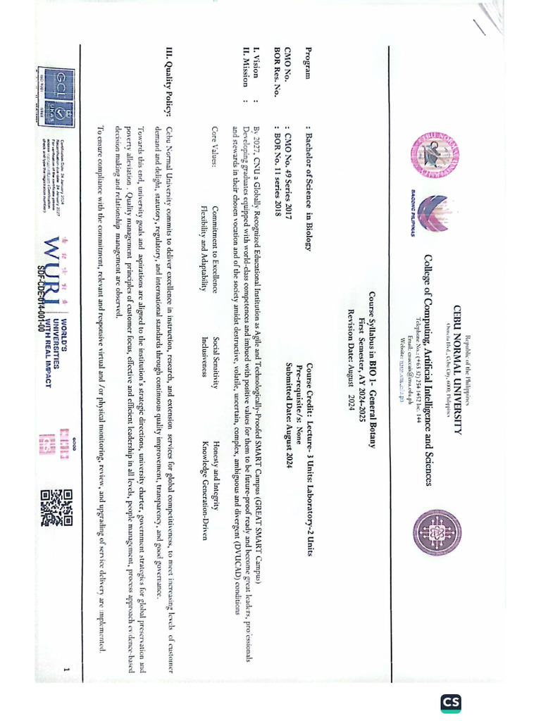 General Botany - Course Syllabus | PDF