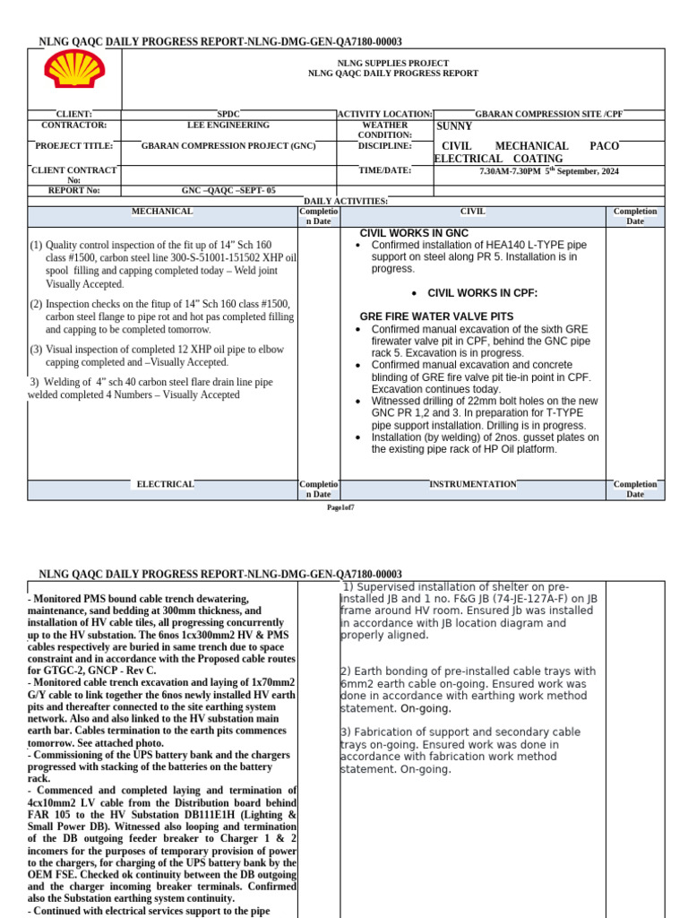 QAQC DAILY SITE REPORT FOR GNC 05 SEPTEMBER 2024 | PDF